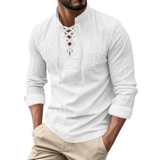 Generic Chemises en coton pour homme en lin pour homme - Chemise en lin &agrave; manches longues - Chemise en coton &agrave; manches longues - Coupe ajust&eacute;e - T-shirts d&eacute;co