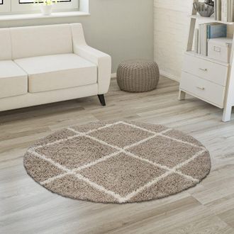 Paco Home Hochflor Teppich Wohnzimmer Schlafzimmer Shaggy Skandinavisch Rautenmuster, Grösse:Ø 160 cm Rund, Farbe:Beige