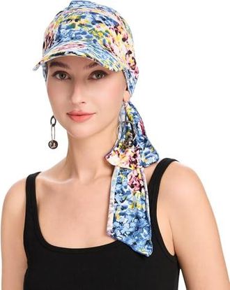 ZLYC Bonnet Chimio pour Femme avec visière, Teinture Batik Bleue, Taille Unique