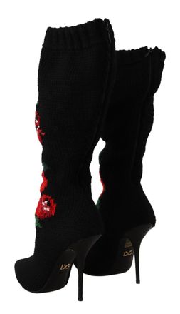 Dolce & Gabbana Womens Black Stretch Socks Red Roses Booties Shoes Wool