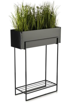 HowHomely Schwarz Blumenst&auml;nder Metall - Pflanzenst&auml;nder 82 cm Hoch mit Metall Box 20 x 60 x 19,5 cm und Ablage - Blumentopfst&auml;nder im Loft-Stil f&uuml;r die Hausdek