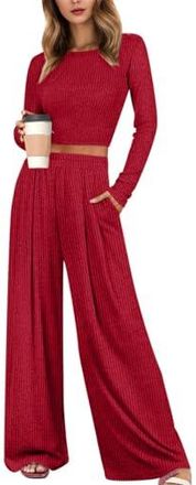Generic Tenues deux pi&egrave;ces pour femme - Haut court &agrave; manches longues - Pantalon large - Ensembles assortis, Rouge, 3XL