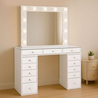 Menzzo Coiffeuse moderne 13 tiroirs avec miroir lumineux LED - Plateau en verre 120cm - Rangement spacieux pour maquillage et bijoux