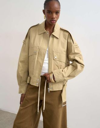 Topshop Blouson style motard en coton &agrave; ceinture - Taupe-Neutre