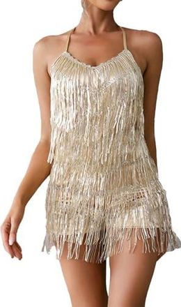 Generic Combinaison sexy dos nu &agrave; franges de couleur unie avec pompons, rose gold, M