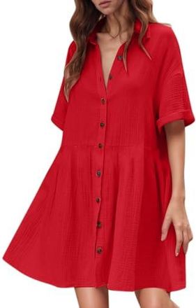 Generic Robe nuisette &agrave; manches courtes pour femme - Robe d&eacute;t&eacute; boutonn&eacute;e avec poches - Robe d&eacute;t&eacute; boh&egrave;me pour la plage, les vacances - Essentiels de vacances p