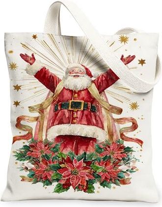 Generic Sacs fourre-tout en toile motif P&egrave;re No&euml;l, sacs &agrave; provisions r&eacute;utilisables, style vintage festif, l&eacute;ger, lavable, Blanc, 13x15 Inch