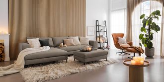 Studio Copenhagen home24 Ecksofa mit Longchair Braun/Vintage Sand Webstoff Caya 321 x 83 x 170cm Longchair davorstehend links ohne Schlaffunktion ohne Hocker Modern