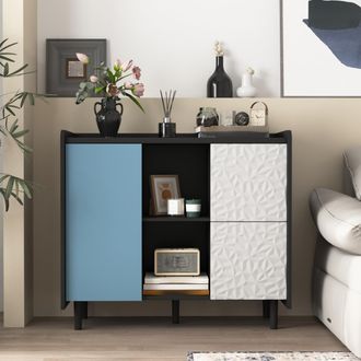 Generic LZPUOUI Sideboard Buffetschrank 90 cm Schwarz Blau Kaffeebar-Schrank mit 2 Schubladen 2 offene Aufbewahrungskompartimente Akzentschrank in MDF K&uuml;chens