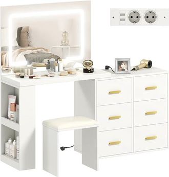 HOMCOM Coiffeuse avec miroir et tabouret, &eacute;clairage LED r&eacute;glable 3 couleurs, 2 USB ports et 2 prises, table de maquillage modulable avec 6 tiroirs &agrave; fermetur