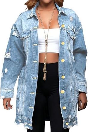 Generic Veste en jean d&eacute;chir&eacute; pour femme, v&ecirc;tement dext&eacute;rieur d&eacute;contract&eacute; &agrave; coupe ample pour le printemps et lautomne, bleu clair, XXL