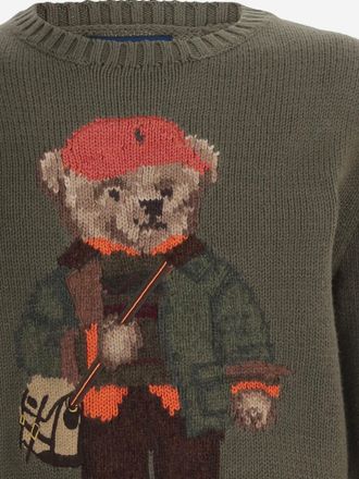 Polo Ralph Lauren Kids Knit Sweater With Bear Motif Military Green Cotton