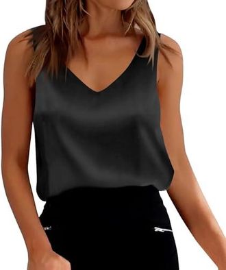 Generic D&eacute;bardeurs en satin pour femme avec col en V et sans manches - Camisole d&eacute;t&eacute; basique - Haut de travail, a noir, XL