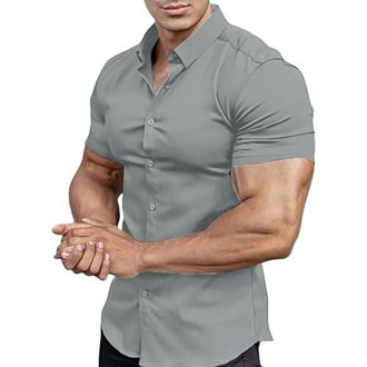 Generic Chemise habill&eacute;e coupe ajust&eacute;e pour homme, chemise daffaires &agrave; manches courtes, couleur unie, chemises formelles grande taille, hauts boutonn&eacute;s, haut 