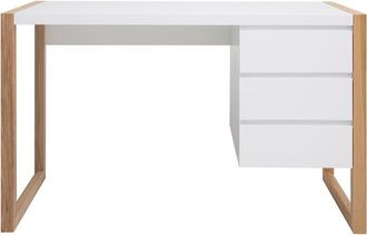 Miliboo Bureau avec rangements 3 tiroirs scandinave blanc mat et bois clair fr&ecirc;ne massif L130 cm ARMEL
