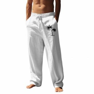 Generic Pantalon surdimensionn&eacute; en coton et lin pour homme, d&eacute;contract&eacute;, couleur unie, imprim&eacute; cocotier, pantalon de sport en coton et lin, coupe r&eacute;guli&egrave;re, b