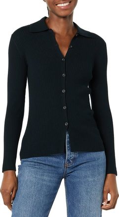 Amazon Essentials Damen Gerippter, feiner Stretch-Polo-Cardigan, Schwarz, XL