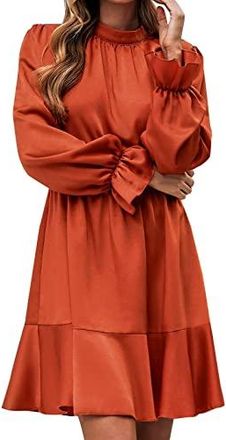 Generic Robe amincissante &agrave; manches longues et col rond pour femme - Couleur unie - Coupe ajust&eacute;e, Orange, M