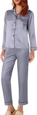 Generic Ensemble de pyjama en satin noir pour femme - Ensemble de pyjama en satin de soie pour femme - Ensemble de pyjama long boutonn&eacute; - Ensemble de pyjama s