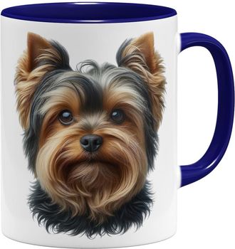 OM3 süße Kaffee-Tasse mit Hundemotiv - Yorkshire Terrier - Yorkie - Hund | Keramik Becher | 325ml | Beidseitig Bedruckt | Dunkelblau