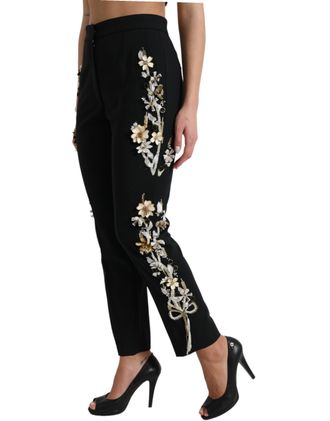 Dolce & Gabbana Womens Black Floral Applique High Waist Tapered Pants Virgin Wool Elastane