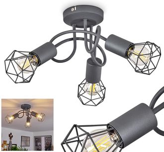 HOFSTEIN Deckenleuchte Baripada, runde Deckenlampe im Industrial Design aus Metall in Anthrazit, moderne Leuchte mit Schirmen in Gitter-Optik u. Lichteffekt, 3