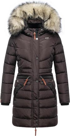 Navahoo Damen Wintermantel warmer Steppmantel lang mit abnehmbarer Kunstfell-Kapuze Paula Choco Gr. XXL