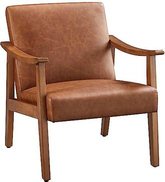 Yaheetech Fauteuil de Salon avec Accoudoirs Courbes Chaise Ergonomique Cadre en Bois dhévéa pour Salon Chambre Salle de Séjour Bureau 62×70×74 cm Marron Clair