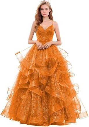 Generic Robe de bal en tulle pailleté avec col en V et bretelles spaghetti, robe de demoiselle dhonneur, robe de soirée formelle longue à étages, mandarine, 4