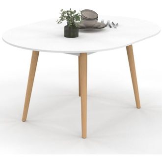IDMarket Idmarket - Table &agrave; manger extensible ronde 4-8 personnes - Plateau MDF blanc - Pieds en bois biseaut&eacute;s - Dimensions 110-150 cm
