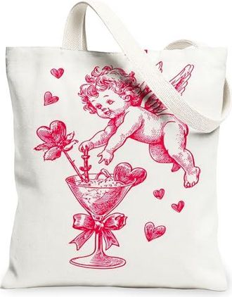 Generic Sacs fourre-tout vintage en toile avec motif ange, motif floral et coeur, sacs d&eacute;picerie r&eacute;utilisables, l&eacute;gers et lavables, blanc, 13x15 Inch