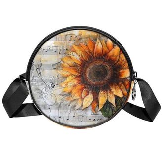 Generic Sac &agrave; bandouli&egrave;re rond rond pour femme, motif tournesol musical, avec fermeture &eacute;clair, bretelles r&eacute;glables