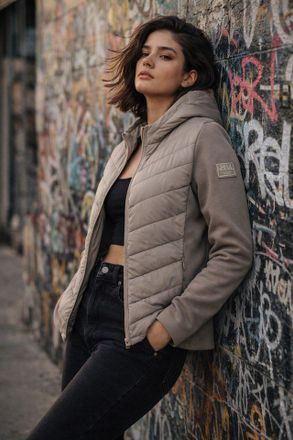 Sublevel Steppjacke Damen Hybrid Jacke Leichte &Uuml;bergangsjacke Kapuzenjacke Gesteppte Stepp-Front & Sweat-&Auml;rmel, Outddor