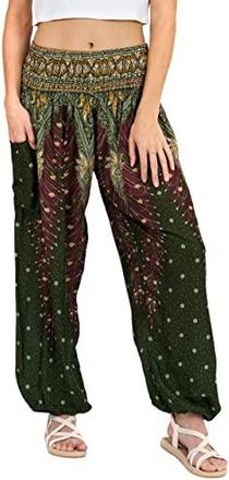 Lofbaz Femmes Paon Impression Smocked Taille Harem Pantalon Vert 3XL