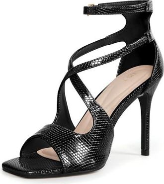 Allegra K Sandales à talon aiguille en cuir verni avec sangle de cheville et bout carré pour femme, Noir, 40 EU