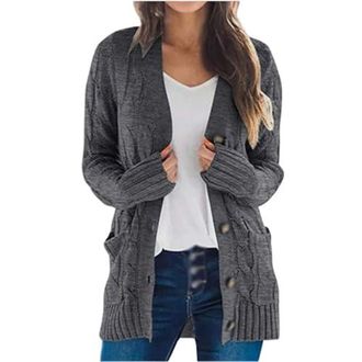 Generic Cardigan dautomne d&eacute;contract&eacute; &agrave; manches longues boutonn&eacute; sur le devant pour femme, cardigan ample &agrave; boutons avec poches, gris fonc&eacute;, 4XL