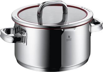 WMF Function 4 Kochtopf groß 24cm, Glasdeckel, Fleischtopf Induktion 5,7l, Cromargan Edelstahl poliert, 4 Abgießfunktionen, Innenskalierung, rot