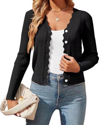OLIPHEE Strickjacke Damen Kurz V Ausschnitt mit Kn&ouml;pfen Cardigan Damen Elegant Herbst mit Gewellter Rand Sweater Jacke Winter Einfarbig Pullover Y2K Aschwarz 