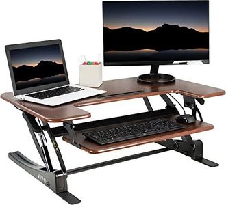 Vivo Height Adjustable 36 inch Stand Up Desk Converter, Quick Sit to Stand Tabletop Dual Monitor Riser Workstation, Dark Wood, DESK-V000VD