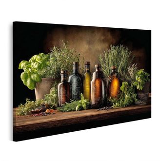 Islandburner Prime Bild auf Leinwand Kr&auml;uter &Ouml;le und Gew&uuml;rzflaschen auf Holztisch - Leinwand 80x40cm