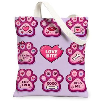 Generic Sac fourre-tout en toile avec imprim&eacute; de pattes, motif animal mignon, sacs d&eacute;picerie r&eacute;utilisables, pour la Saint-Valentin, adorable motif damour, l&eacute;g