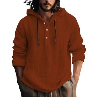 Generic Chemise en lin &agrave; manches longues pour homme, t-shirt &agrave; manches longues avec capuche &agrave; bouton 1/4, t-shirt d&eacute;t&eacute;, haut d&eacute;contract&eacute;, polo de couleur unie