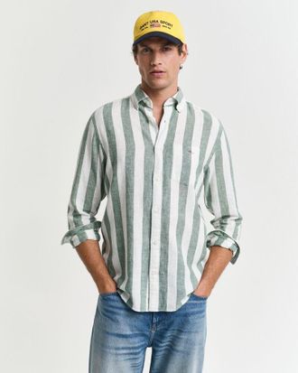 GANT Herren REG Cotton Linen Bold Stripe Shirt Hemd, Woody Green, L
