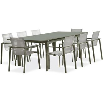 DCB Garden Dcb Garden - Ensemble repas de jardin 8 places en aluminium kaki - Table avec rallonge automatique - Fauteuils empilables en toile plastifi&eacute;e grise