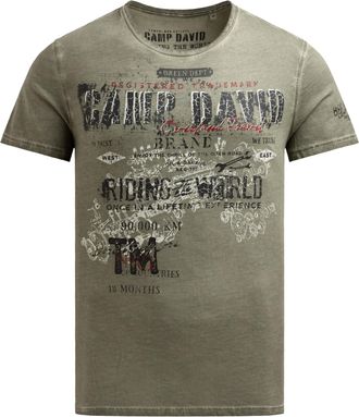 Camp David Herren T-Shirt im Used Look mit Crack Prints Vintage Khaki, XXXL