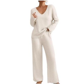 Generic Ensemble de v&ecirc;tements de d&eacute;tente pour femme en coton et couleur unie col rond avec bouton pantalon ample d&eacute;contract&eacute; &agrave; manches courtes pour femme Surv