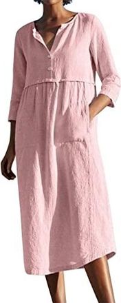 Onsoyours Robe en Lin Femmes Col en V Robe De Plage Couleur Unie A-Ligne &Agrave; Manches Courtes Robe Longue Boho Robe D&Eacute;t&eacute; Midi Dress Chemise Blouse en Lin D Rose XL