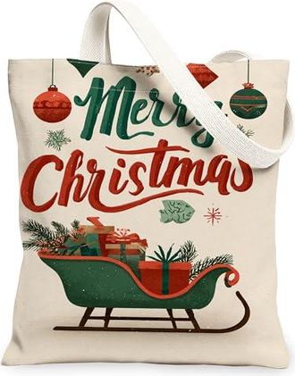 Generic Sacs fourre-tout en toile de tra&icirc;neau de No&euml;l, sacs d&eacute;picerie r&eacute;utilisables, vintage l&eacute;gers et lavables avec bandouli&egrave;re en toile pour Tr, vert, 13x15
