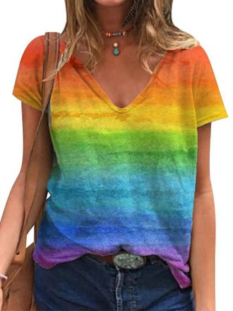 Dresswel Damen Regenbogen T-Shirt V-Ausschnitt Bunte Streifen Grafikdruck LGBTQ Lesbian Gay Pride Vintage Tee Shirt Oberteil Tops