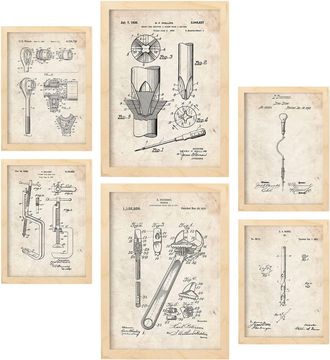 Nacnic Set von 6 Plakaten mit Bauwerkzeuge 1. Patenten. Plakate mit Retro-Patentabbildungen. Inneneinrichtung im Vintage-Stil. Grösse A4 und A3. Mit Rahmen
